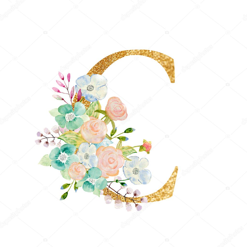 Acuarela ramo floral y alfabeto - letra C de oro con composición de ... Acuarela ramo floral y alfabeto - letra C de oro con composición de ...