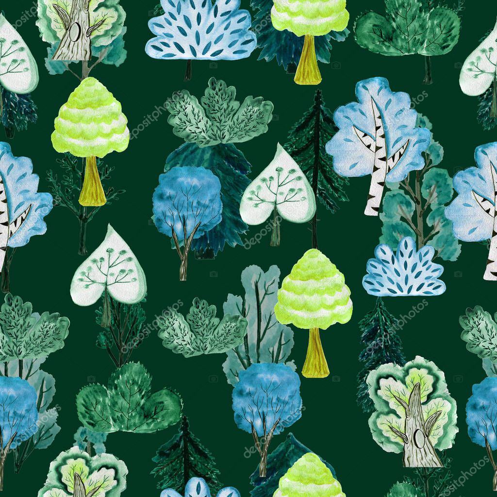 Árboles de patrón de acuarela. Bosque sin fisuras. Elemento de diseño ...