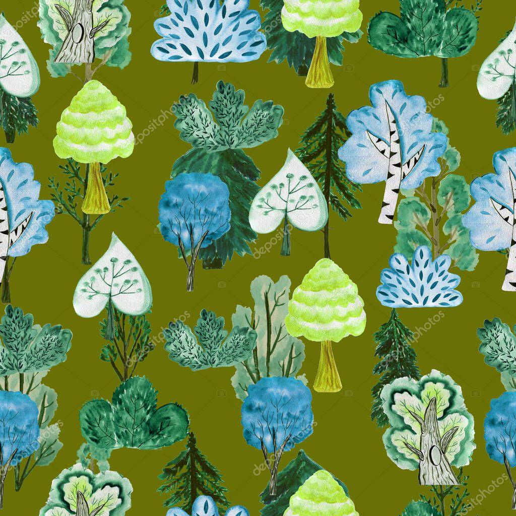 Árboles de patrón de acuarela. Bosque sin fisuras. Elemento de diseño ...