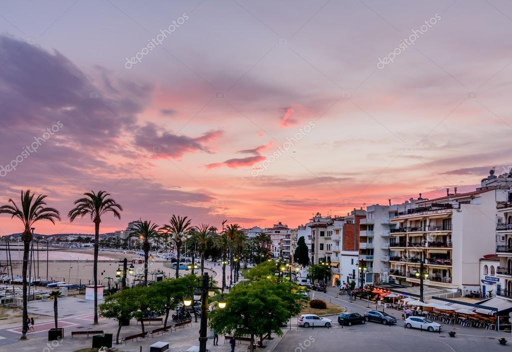 Sitges, Spain - June 10: View with Spain beach, buildings and pr ...