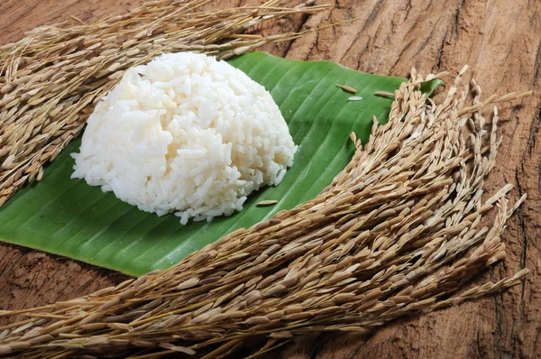 Cooked rice, uncooked rice and paddy rice on wooden table Stock Photo ...