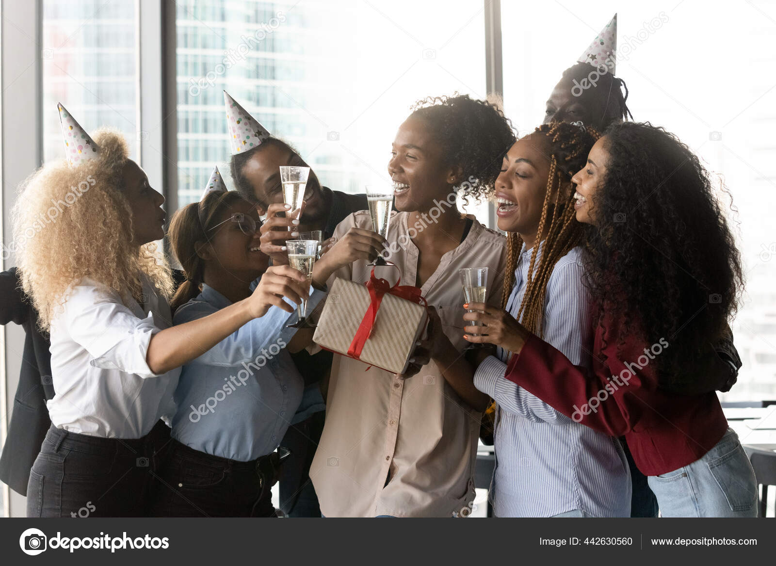 Happy multiracial colleagues have celebration in office — Stock Photo ...