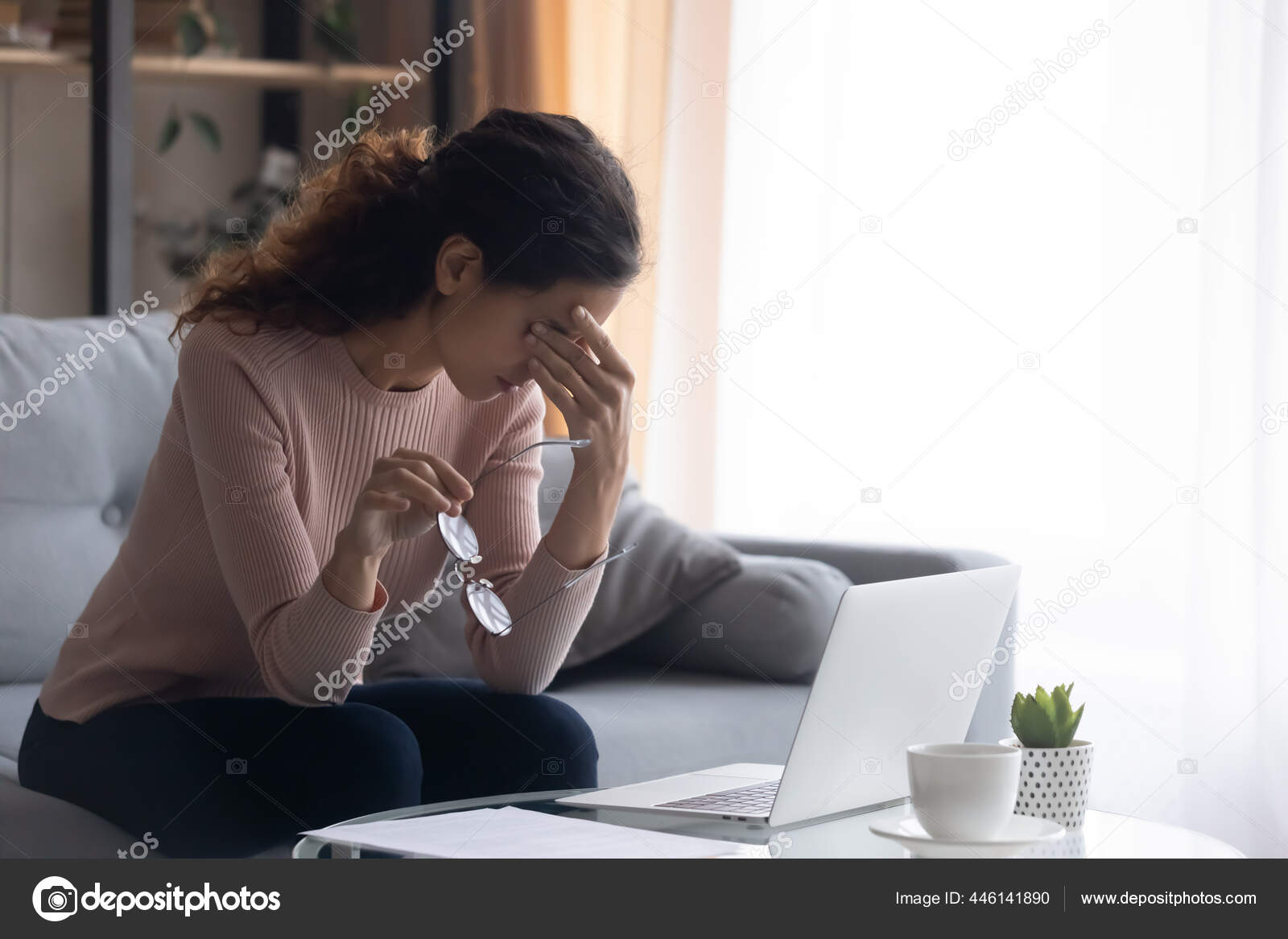 Exhausted millennial caucasian woman taking off eyeglasses. — Stock ...