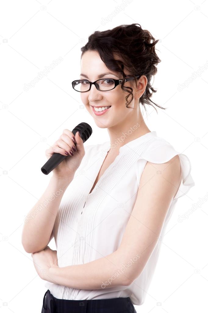 Young office woman with microphone on white background — Stock Photo ...