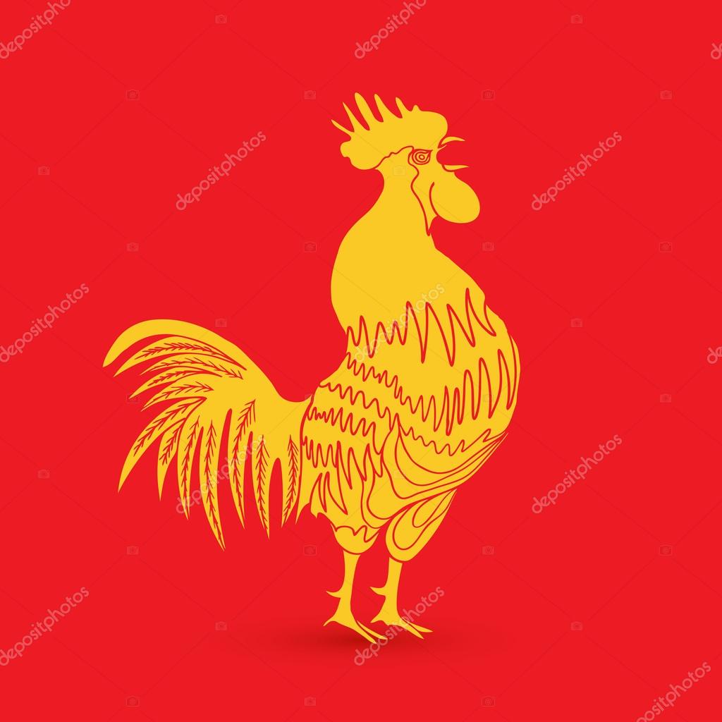 Traditional yellow gold rooster on red background as zodiac symb Stock ...