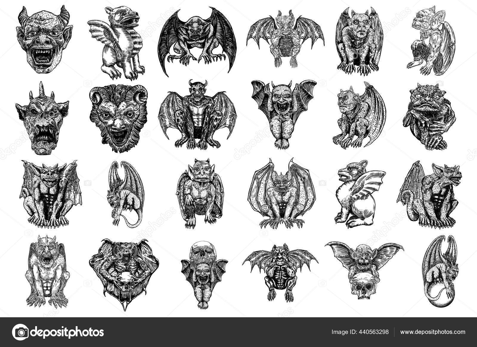 Set Mythological Ancient Creatures Animals Bat Wings Horns Mythical ...