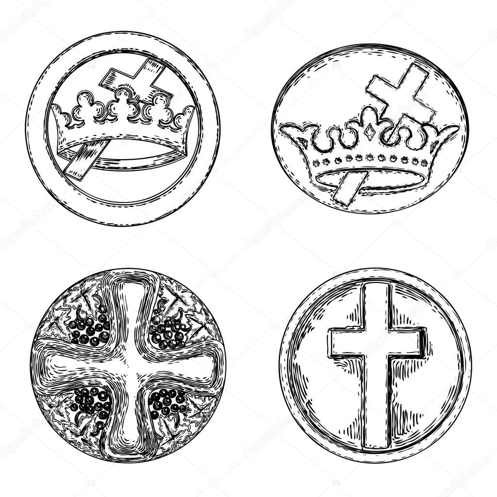 Religión cristiana decorativa circular cruz y diseño de corona. Símbolo ...