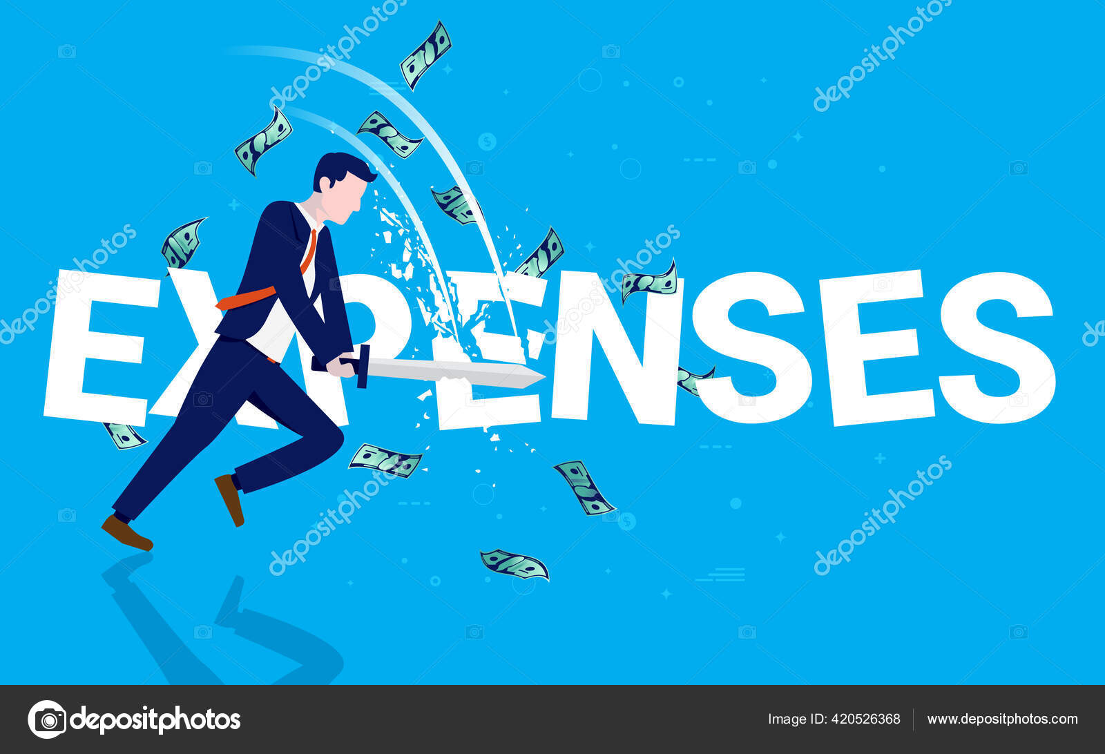 Man Cutting Expenses Illustration Person Cutting Word Sword Paper Money ...