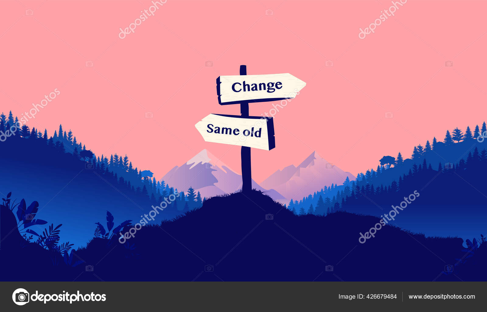 Road Sign Pointing Change Same Old Landscape Scene Change Your Stock ...