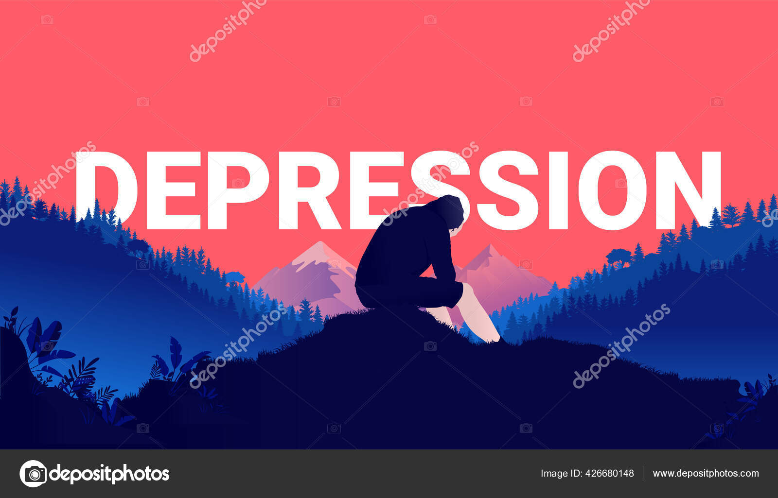 Depression Sad Man Sitting Alone Landscape Feeling Depressed Red ...
