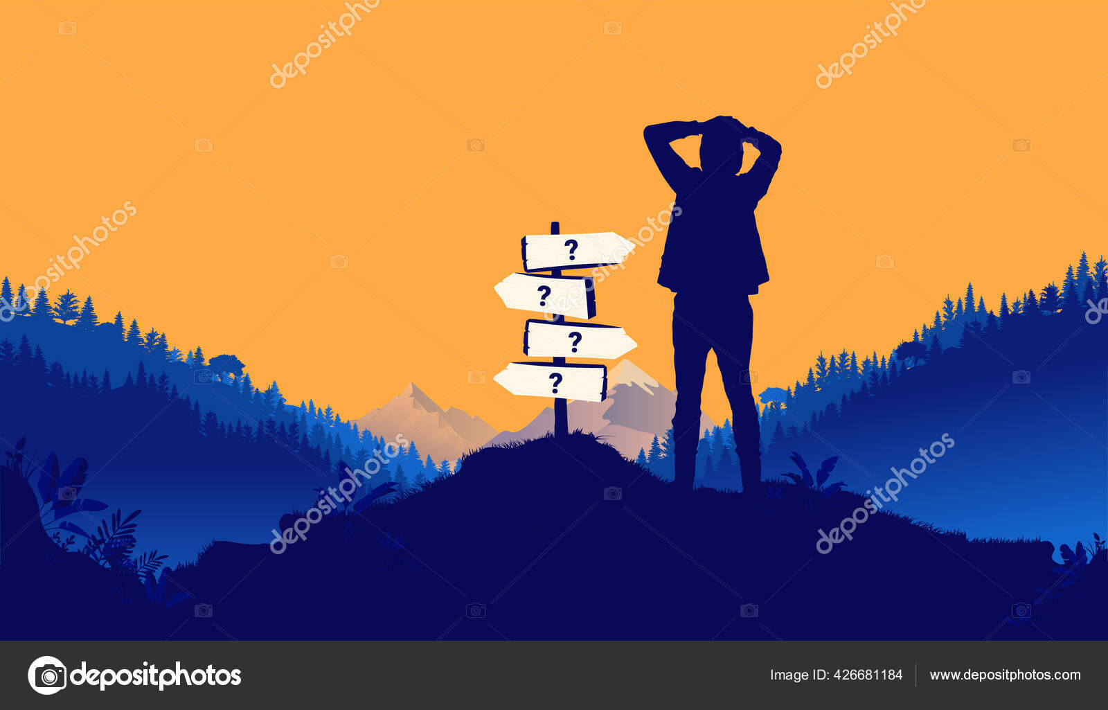 Facing Multiple Choices Silhouette Young Man Front Crossroad Sign ...