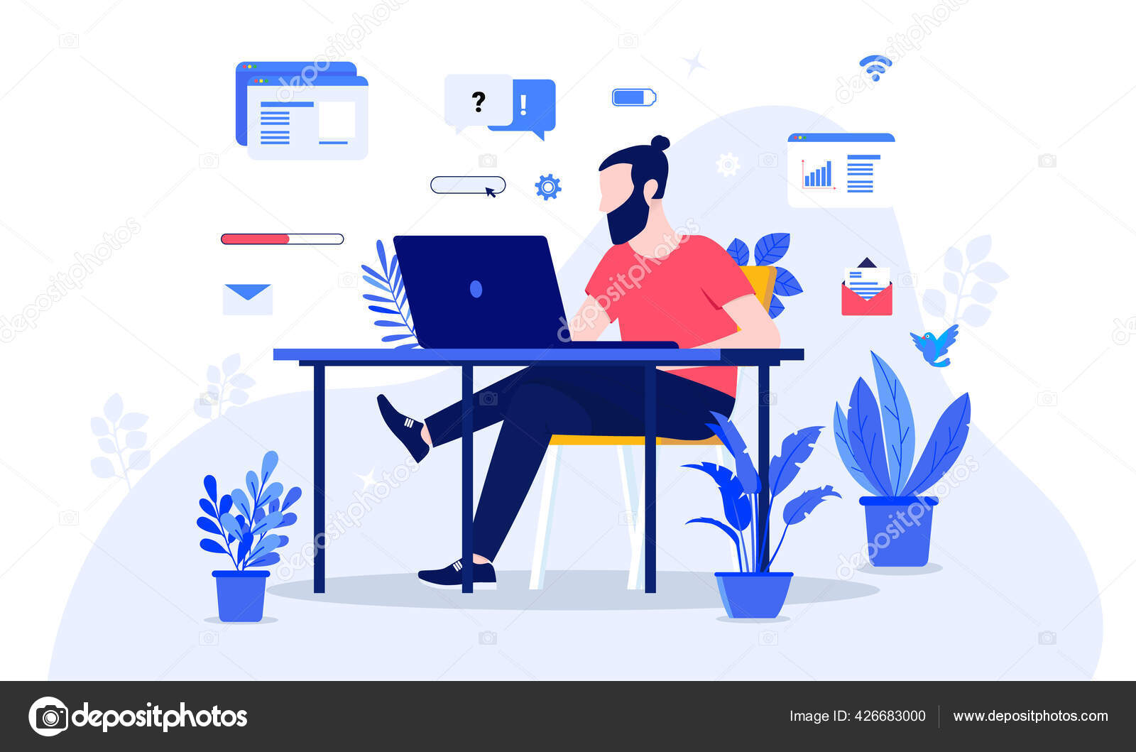 Work Online Man Working Laptop Computer Various Elements Symbolising ...