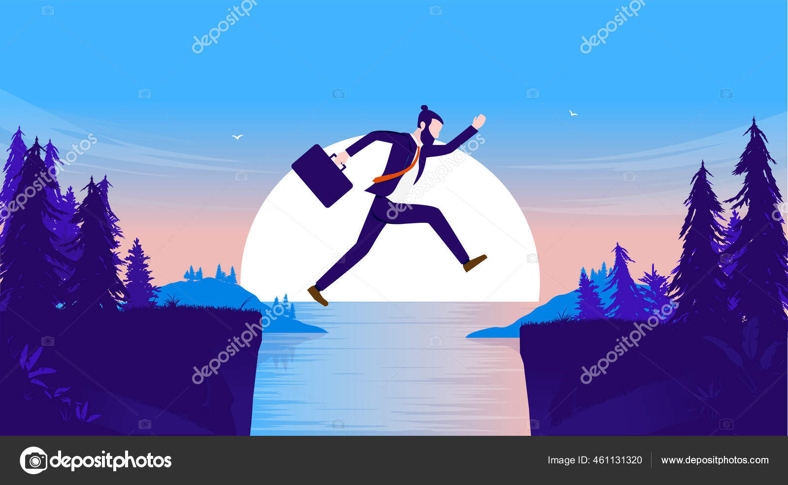 Taking Chances Business Man Jumping Cliff Nature Front Big Sun Stock ...