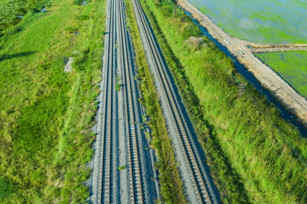 Aerial view of railway track through countryside, drone top view Stock ...