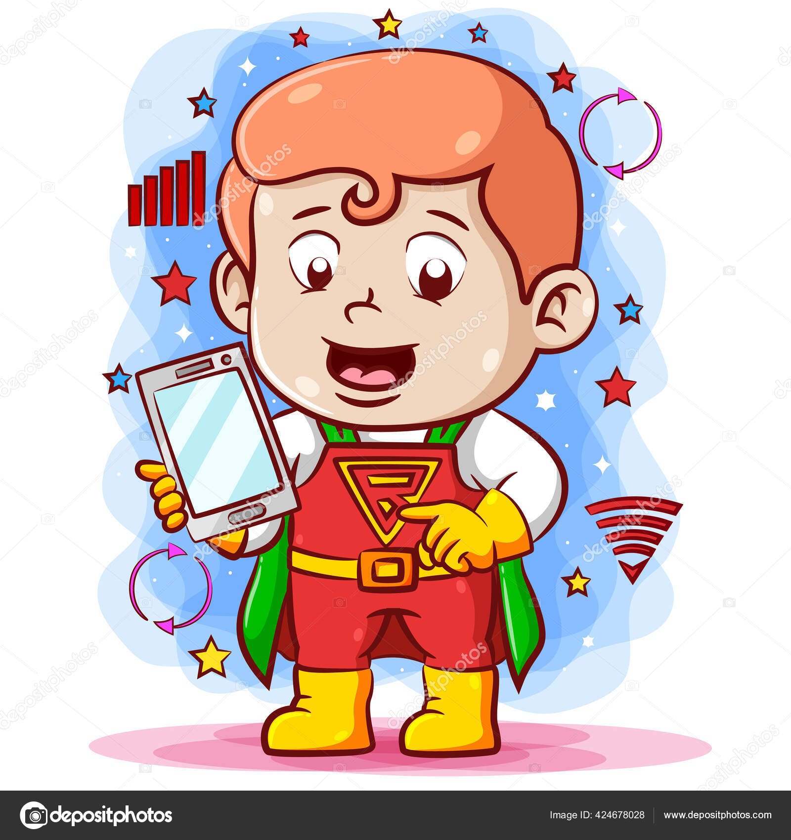 Cartoon Boy Using Electric Super Costume Holding Phone His Hand Stock ...