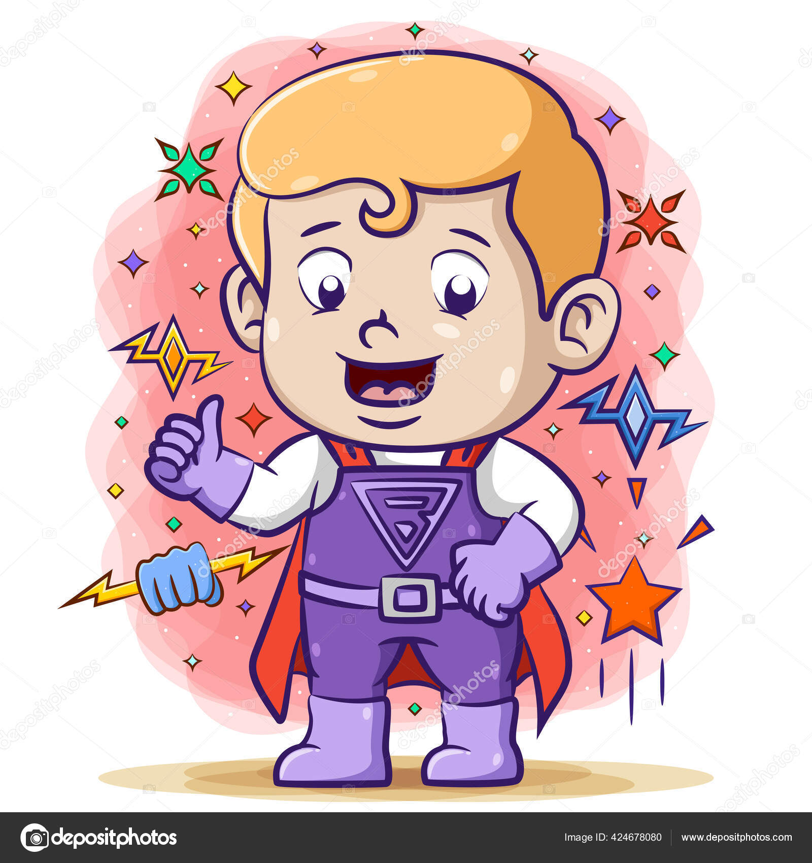 Cartoon Super Boy Electric Power Using Purple Super Costume Stock ...