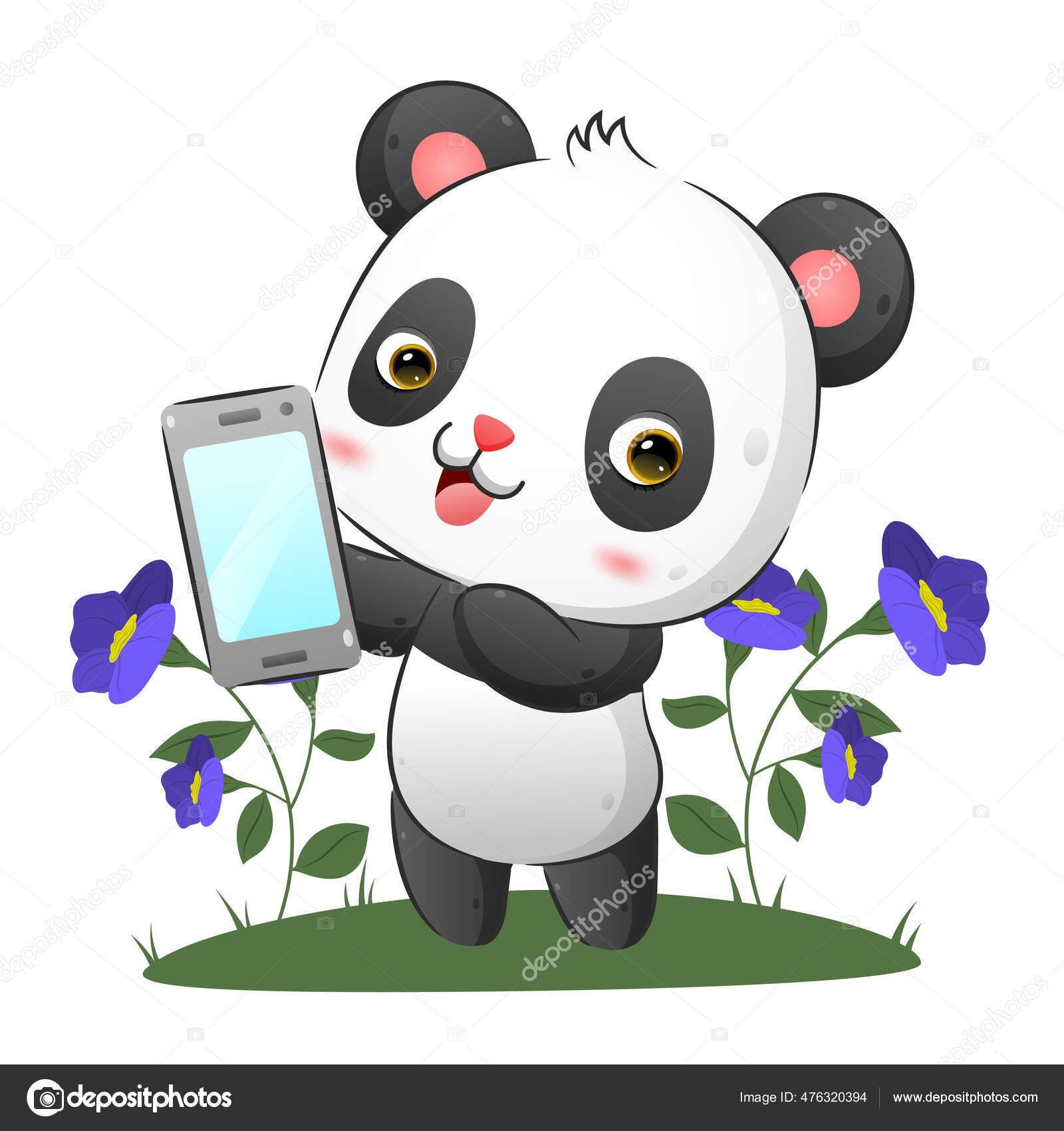 Panda Showing New Smart Phone Garden Happy Face Illustration Stock ...