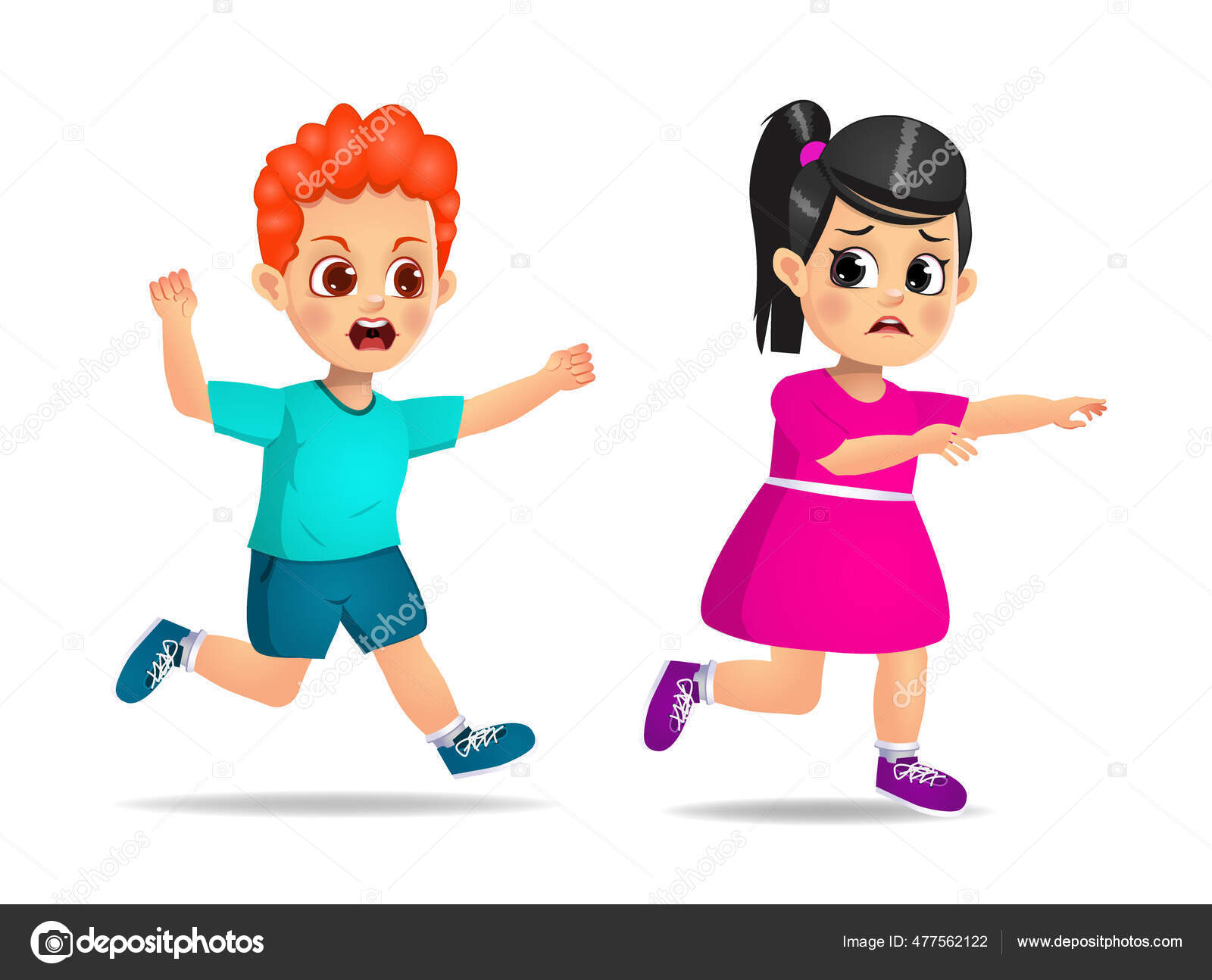 Cute Boy Angry Chase Scared Friend Isolated White Background Stock ...