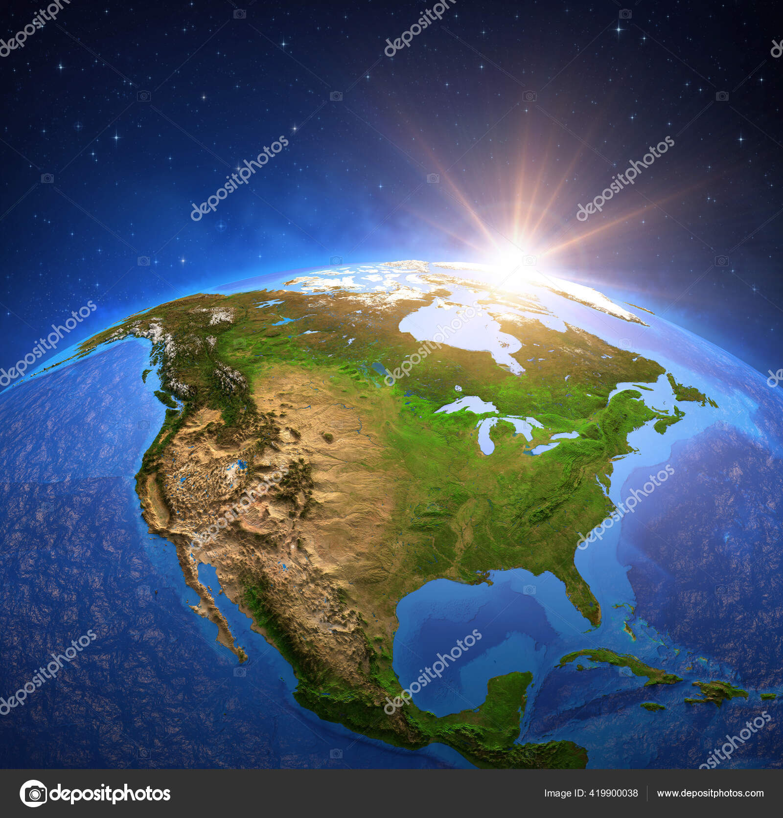 Surface Planet Earth Viewed Satellite Focused North America Sun Rising ...
