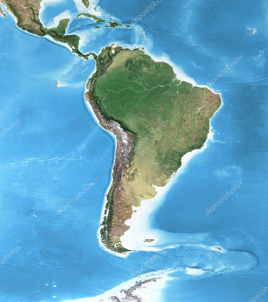 Mapa físico de Sudamérica, con detalles de alta resolución. Vista ...