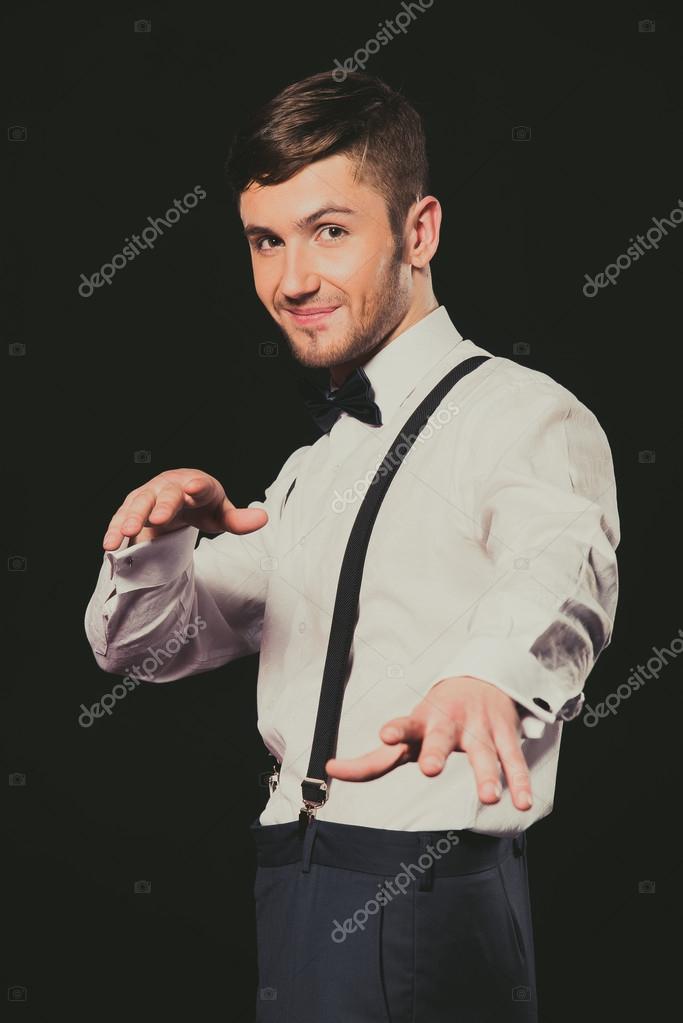 Model. The guy in the white shirt and black bow tie. — Stock Photo ...