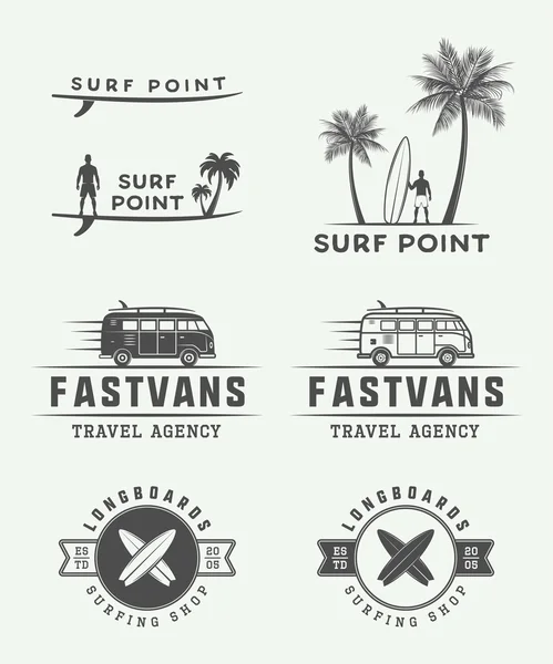 Set of surf van labels, badges and design elements. Travel retro bus ...