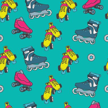 Vector Vintage Pink Roller Skates with Cherry Doodles seamless pattern ...