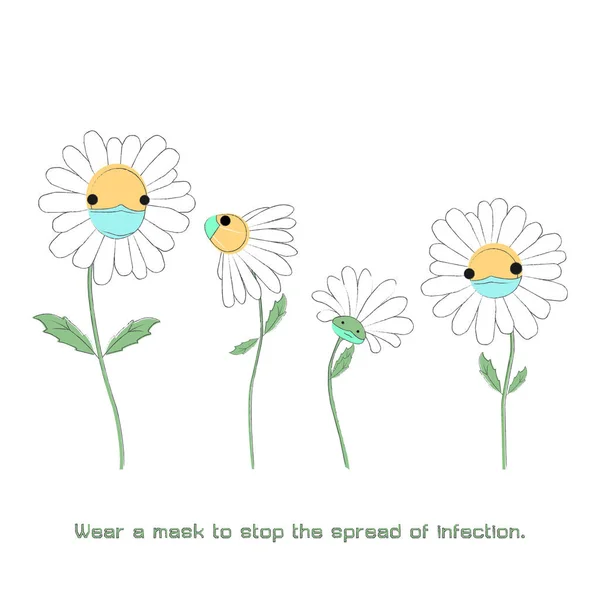 Line drawings of Daisy flowers wear a masks, Cute cartoon characters ...