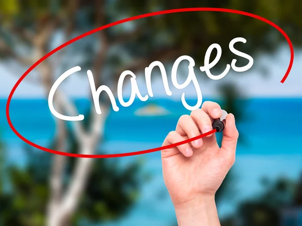Man Hand writing Changes with black marker on visual screen. — Stock ...