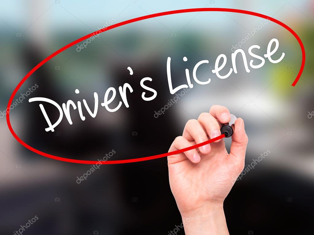 Man Hand writing Drivers License with black marker on visual scr ...