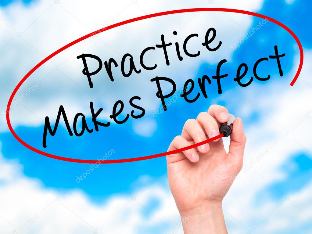 Man Hand writing Practice Makes Perfect with black marker on vis ...