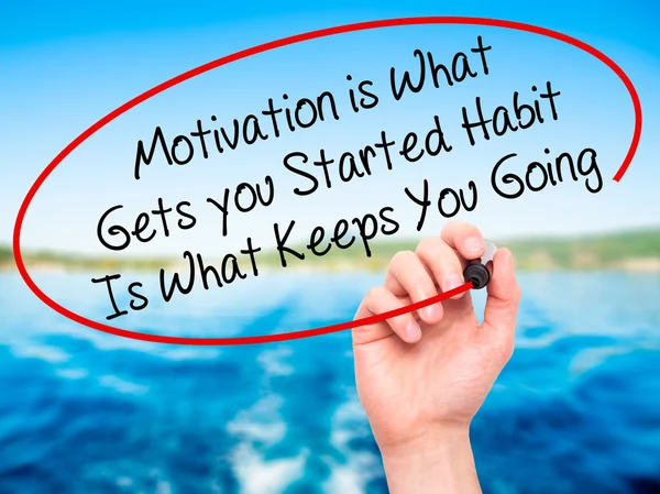 Man Hand writing Motivation is What Gets you Started Habit Is Wh ...