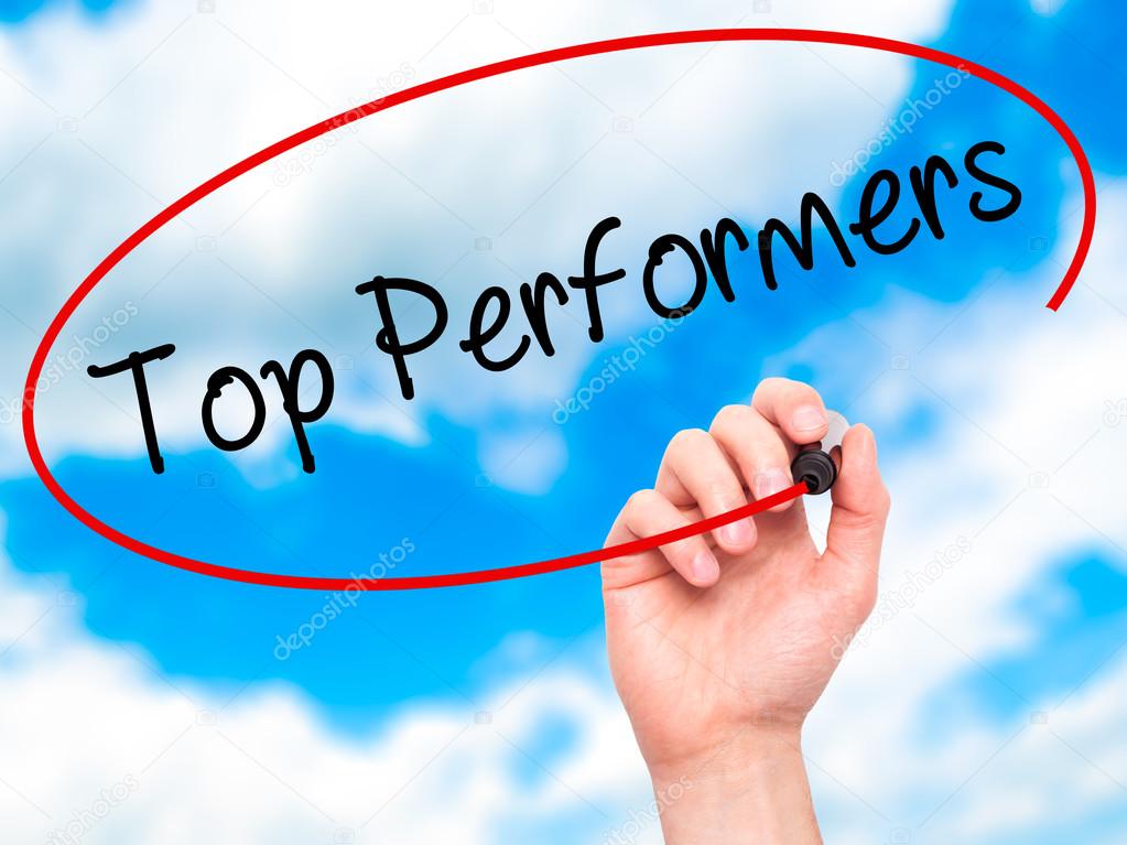Man Hand writing Top Performers with black marker on visual scre ...