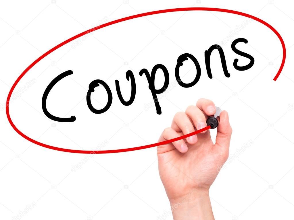 Man Hand writing Coupons black marker on visual screen — Stock Photo ...