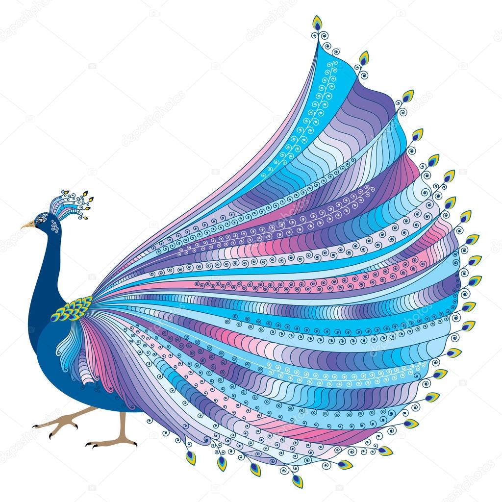 Vector Illustration Of Stylized Abstract Peacock With Luxurious Tail On