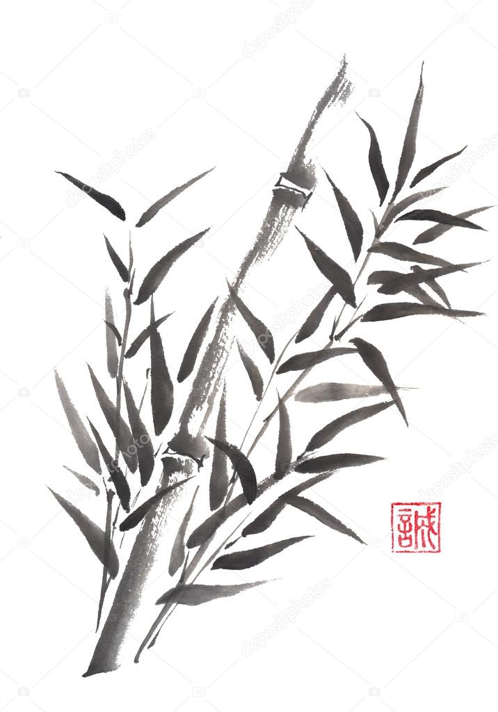 Estilo japonés sumi-e bambú y pintura de tinta de luna. 2023 Estilo japonés sumi-e bambú y pintura de tinta de luna. 2023