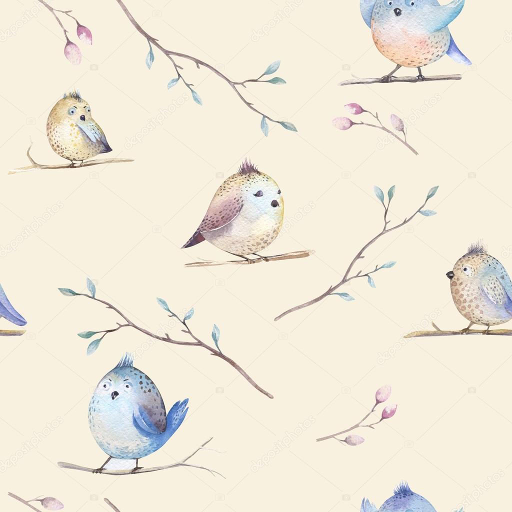 Watercolor spring rustic pattern with nest, birds, branch,tree Stock ...