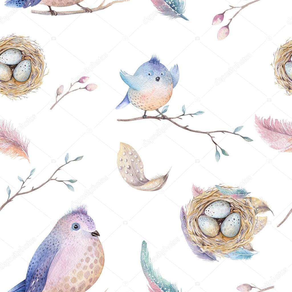 Watercolor spring rustic pattern with nest, birds, branch,tree Stock ...