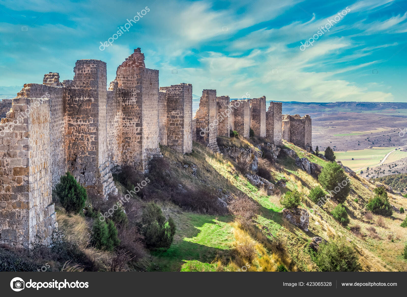Row Square Towers Projecting Walls Casting Shadow Hill Medieval Gormaz ...
