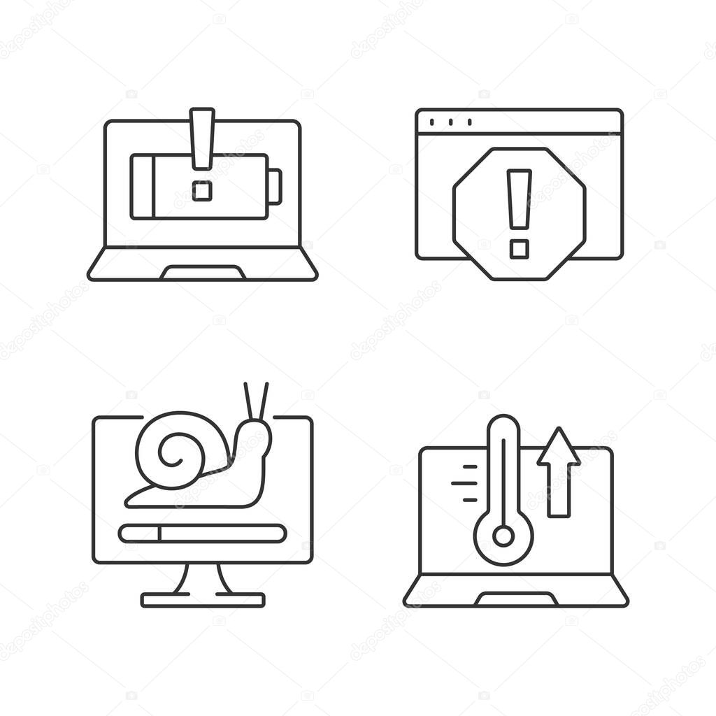 Conjunto de iconos lineales de errores informáticos. Batería sin carga ...