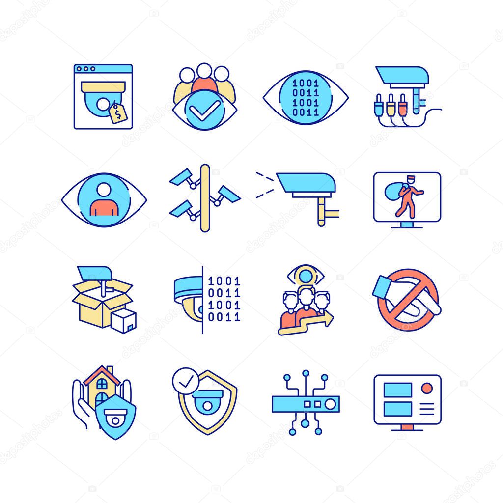 Sistemas de vigilancia Conjunto de iconos de color RGB. Las cámaras de ...