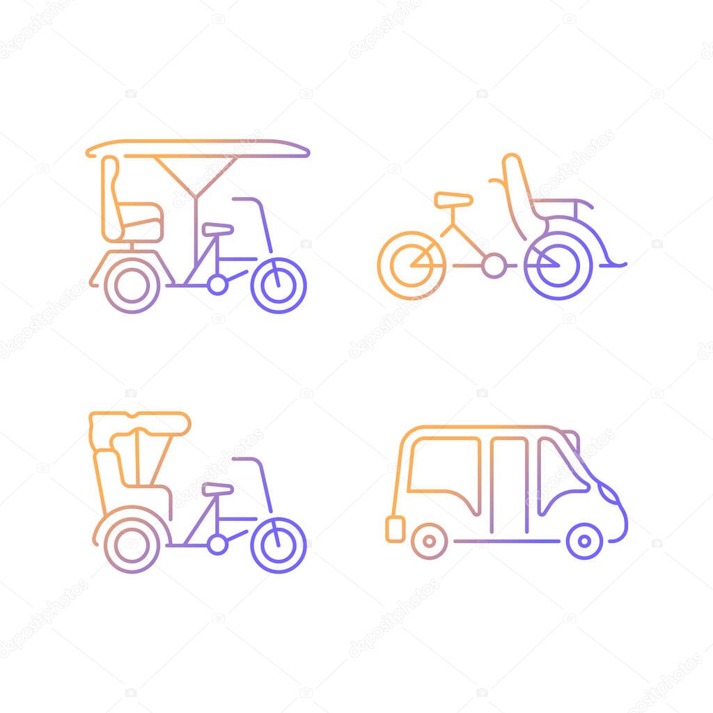 Conjunto de iconos vectoriales lineales de gradiente de alquiler. Bicitaxi. Bicicleta de tres ...
