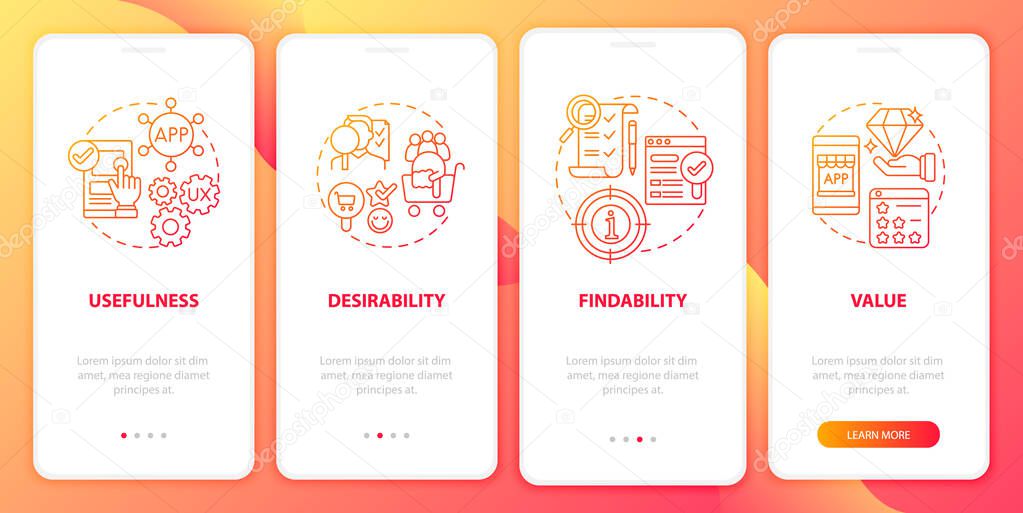 Elementos UX incorporando la pantalla de página de la aplicación móvil. Findability, perspectiva ...