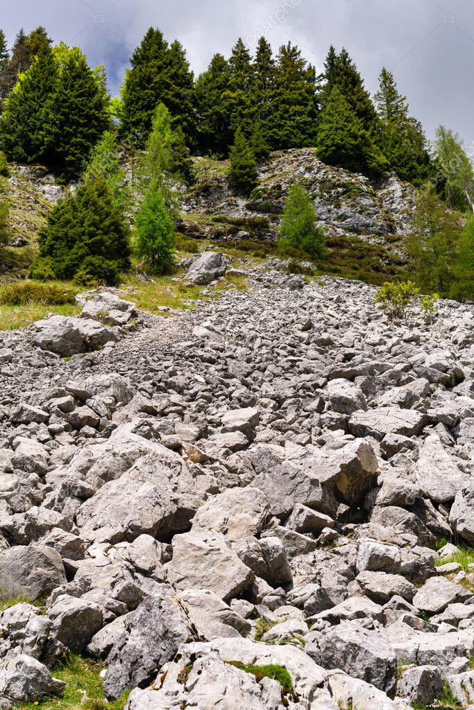 Paisaje de montaña. Detalle de un deslizamiento de tierra, montones de ...
