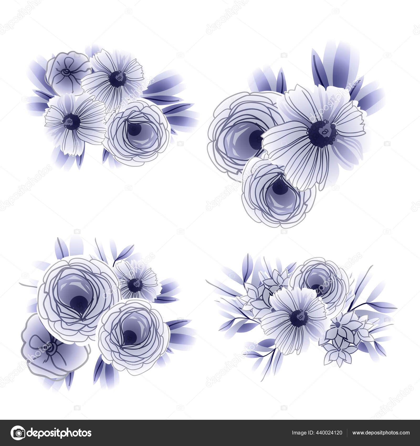 Set Beautiful Lush Blue Flowers White Background Stock Vector by ©All ...