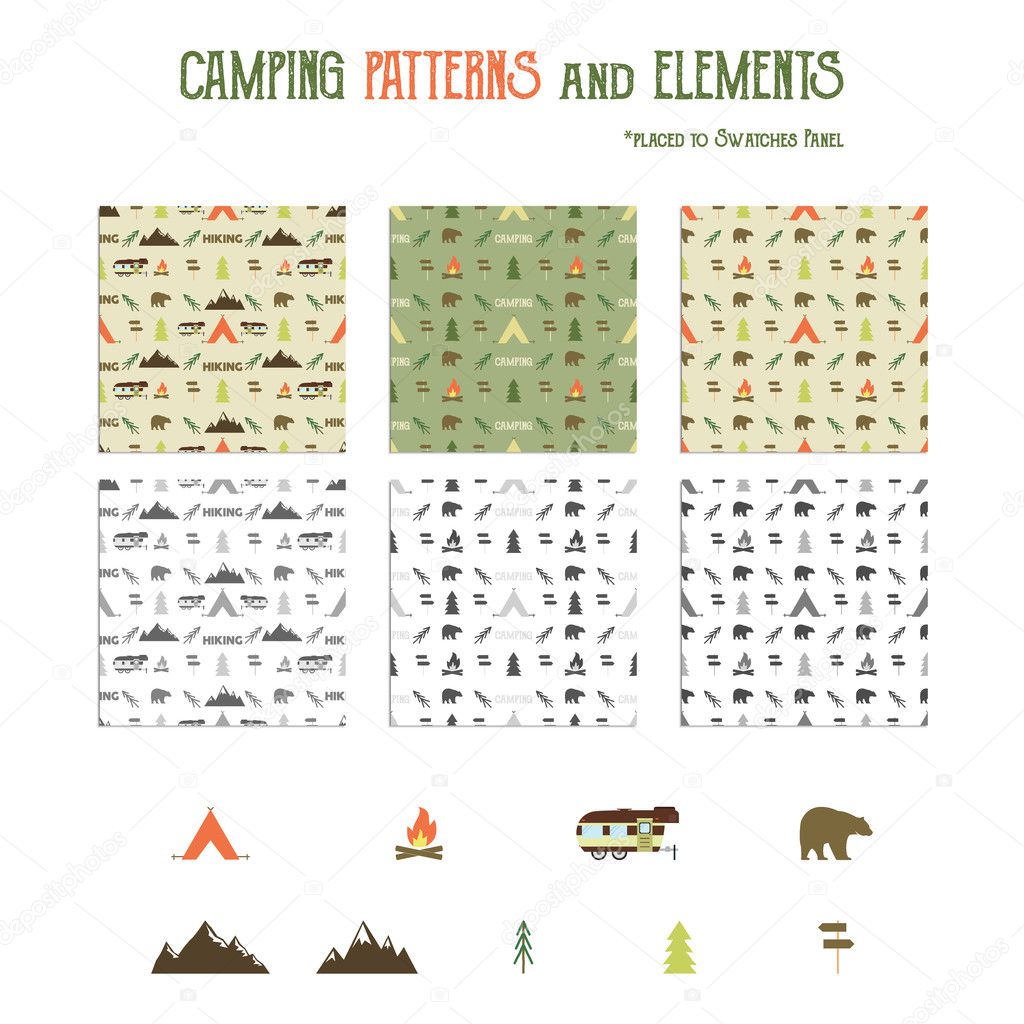 Camping patterns and hiking elements set - tent, bear, bonfire, van trailer, mountains. Travel ...