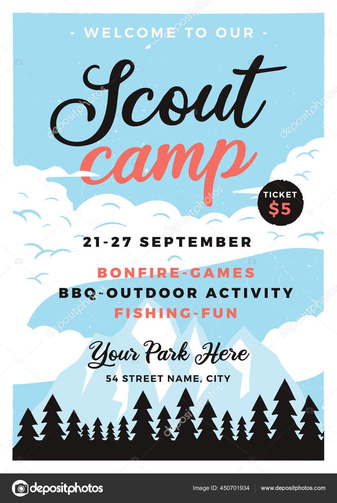 Image vectorielle Dépliant de camp scout format A4. Camping Aventure ...