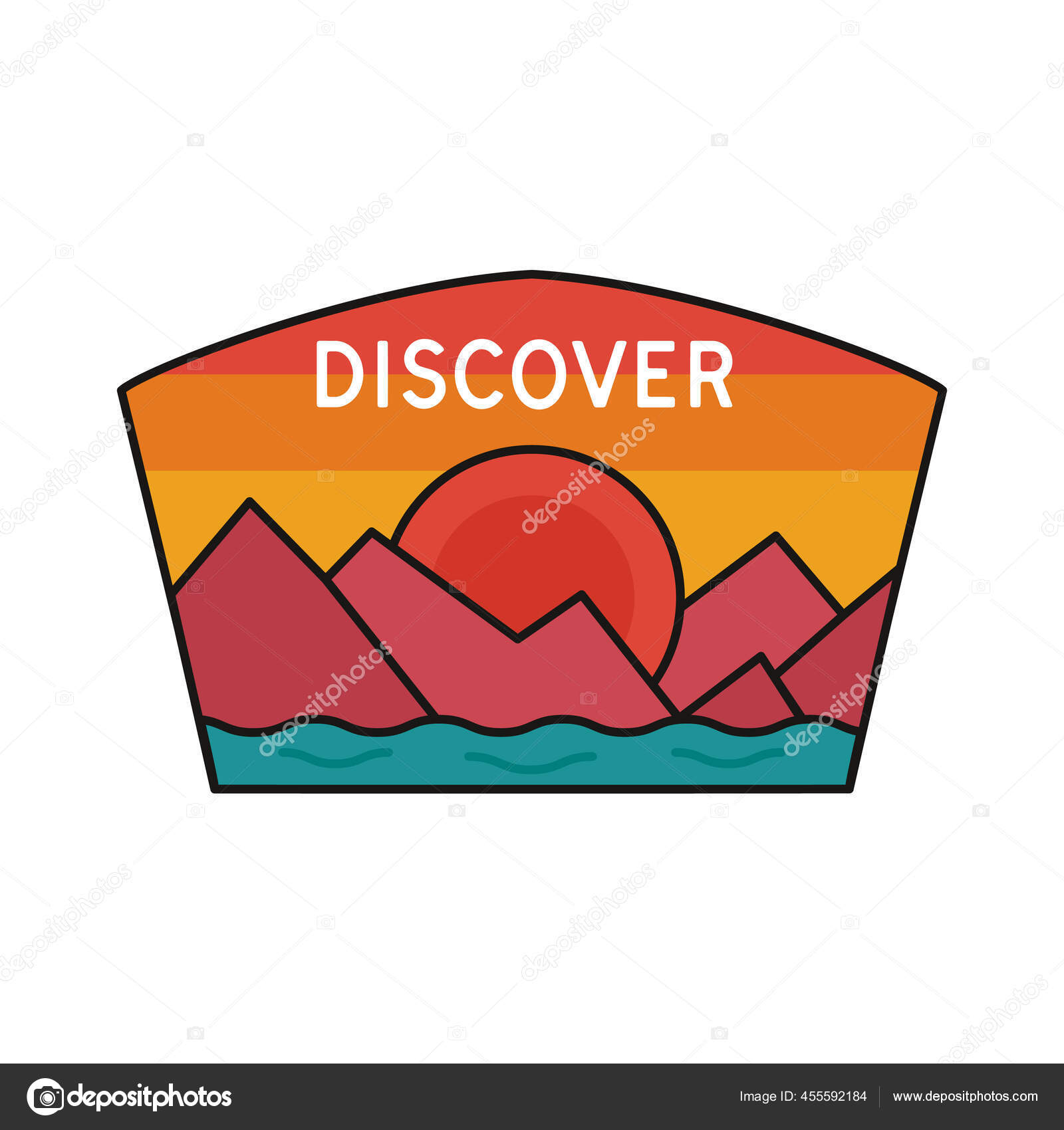 Vintage discover logo, adventure emblem design with mountains and river ...
