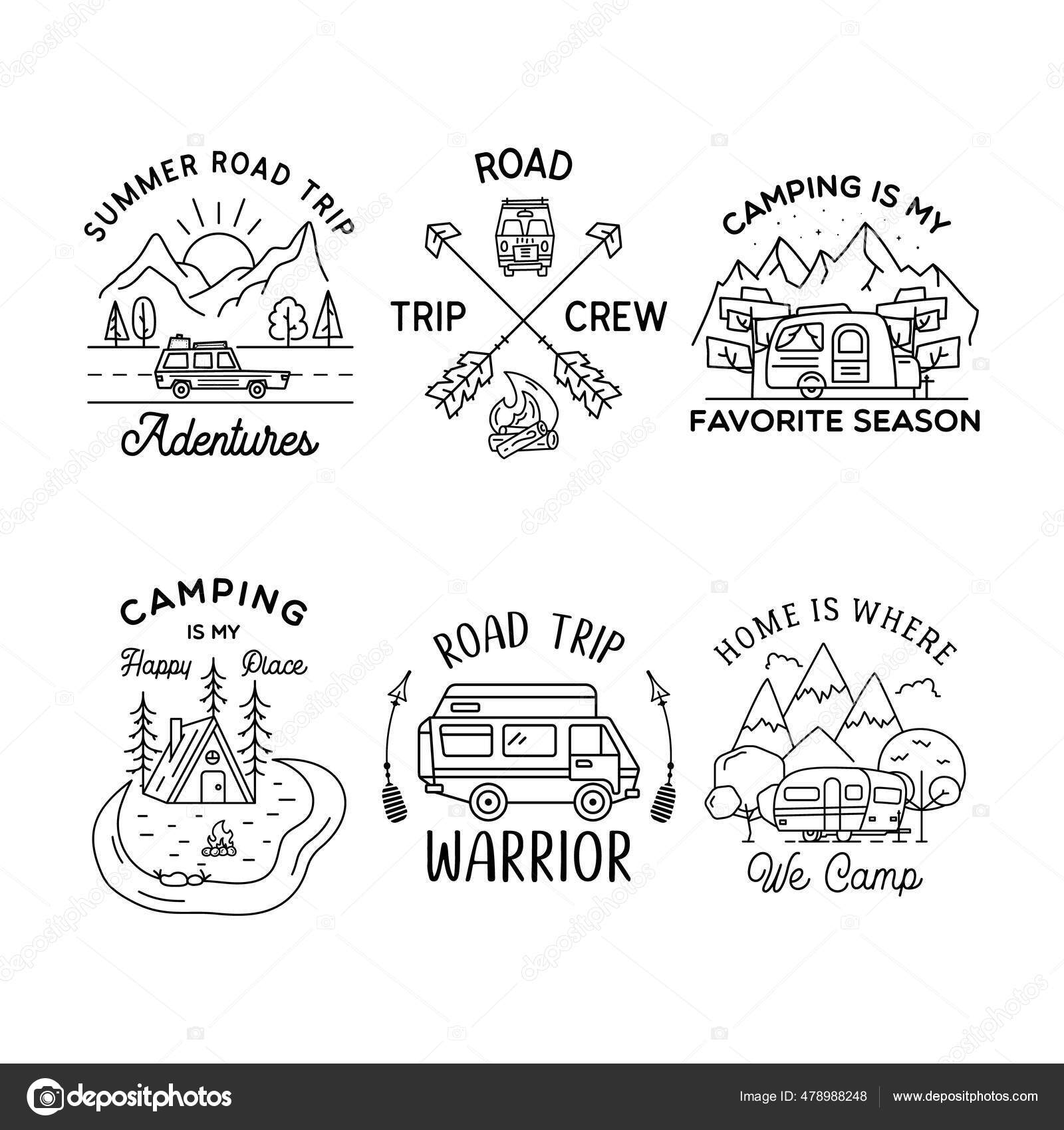 Camping line art logo designs set. Vintage adventure linear badges ...
