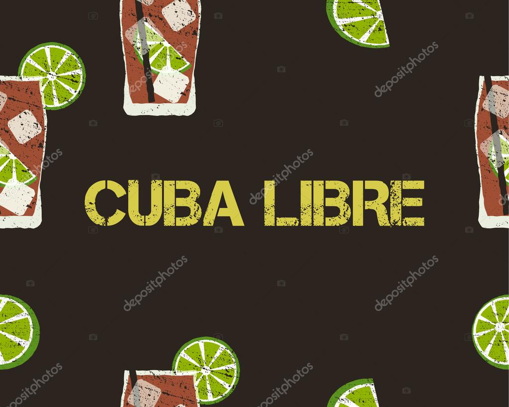 Seamless Pattern of Cuba Libre cocktail with lime and sign. Dark ...